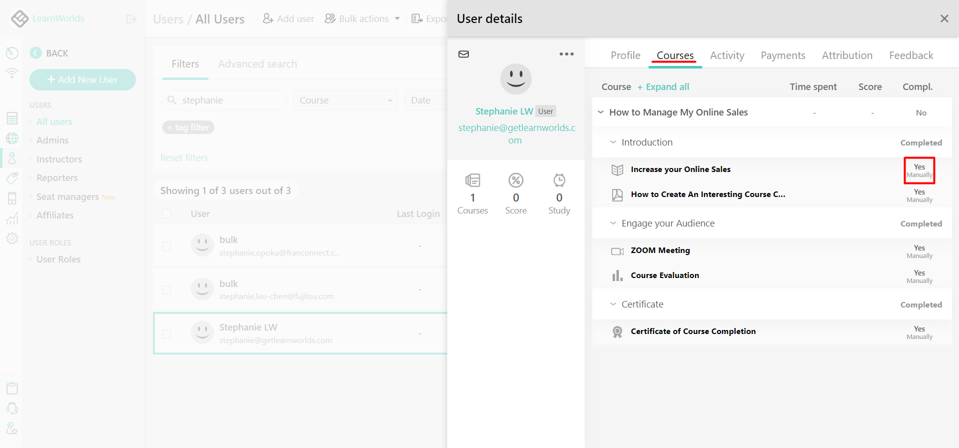 How to Check the User Progress in a Specific Course : LearnWorlds Help Center