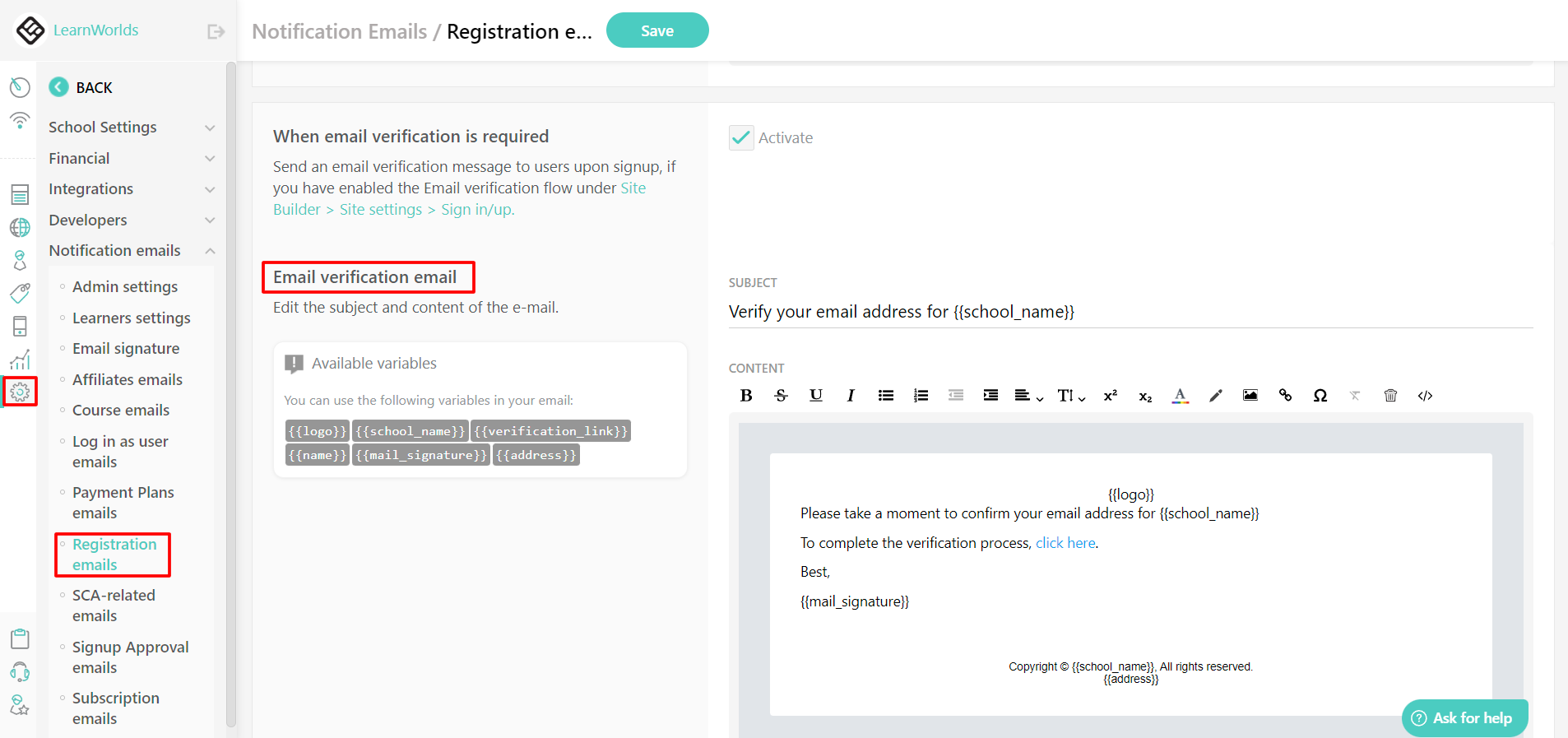 How to Enable Email Address Verification for New Users : LearnWorlds Help Center
