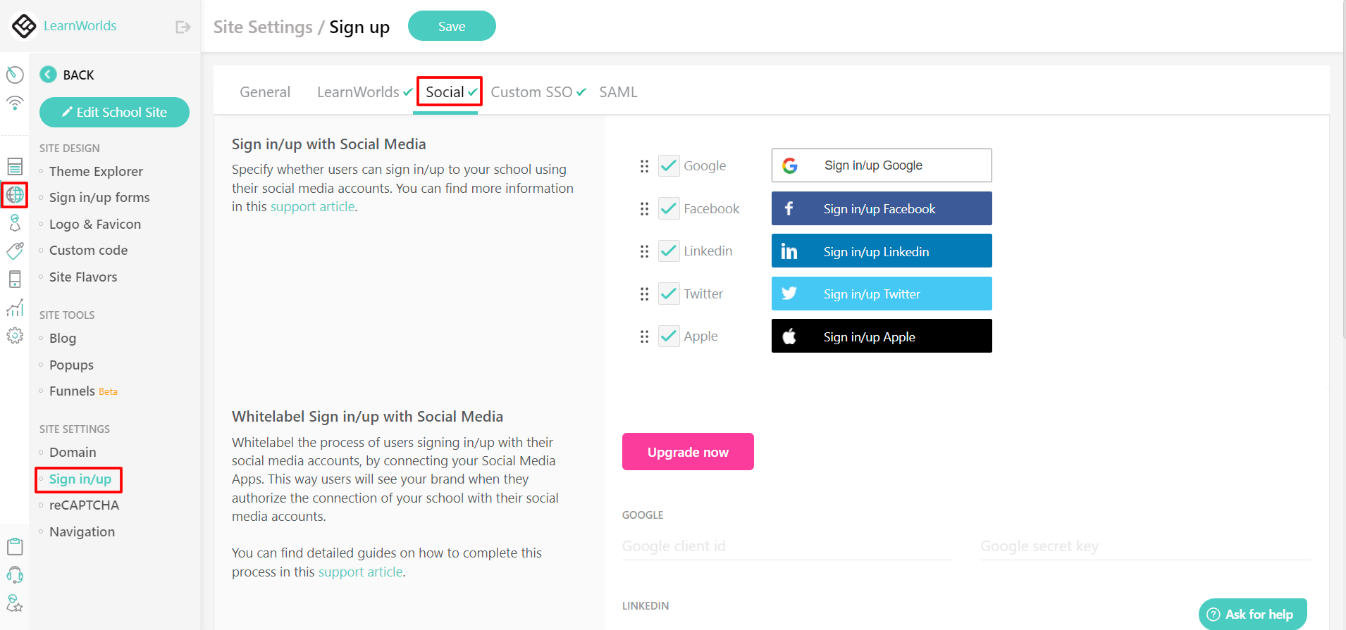 How to Set up your Social Logins : LearnWorlds Help Center