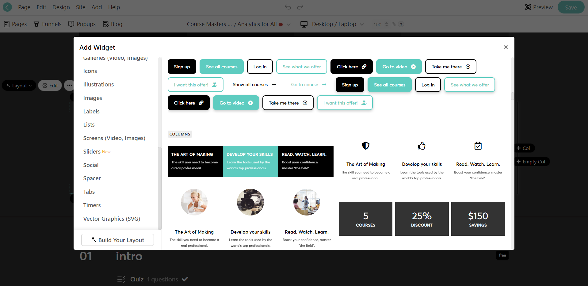 How to Add, Delete and Move Widgets in your Pages' Sections : LearnWorlds Help Center