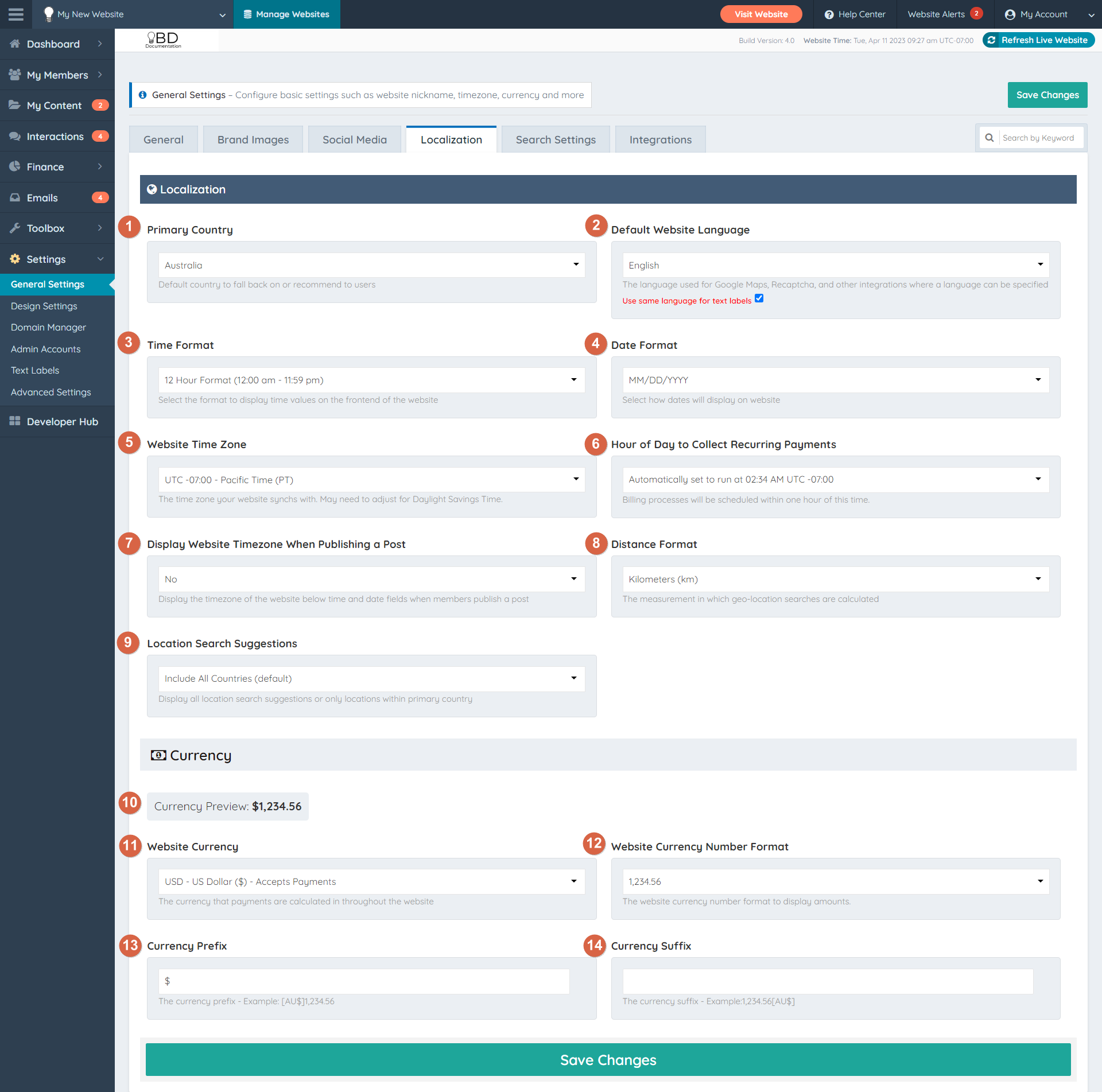 Brilliant Directories - Settings » General Settings » Localization ...