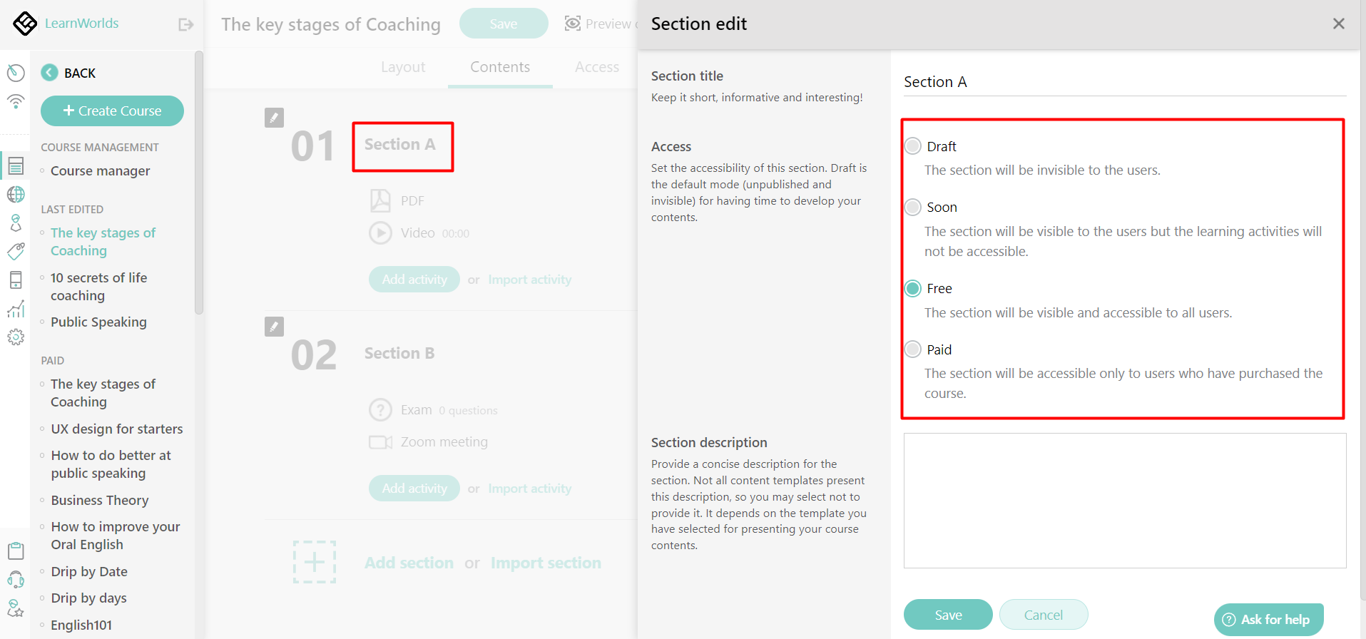 How to Offer Free Sections in a Paid Course : LearnWorlds Help Center