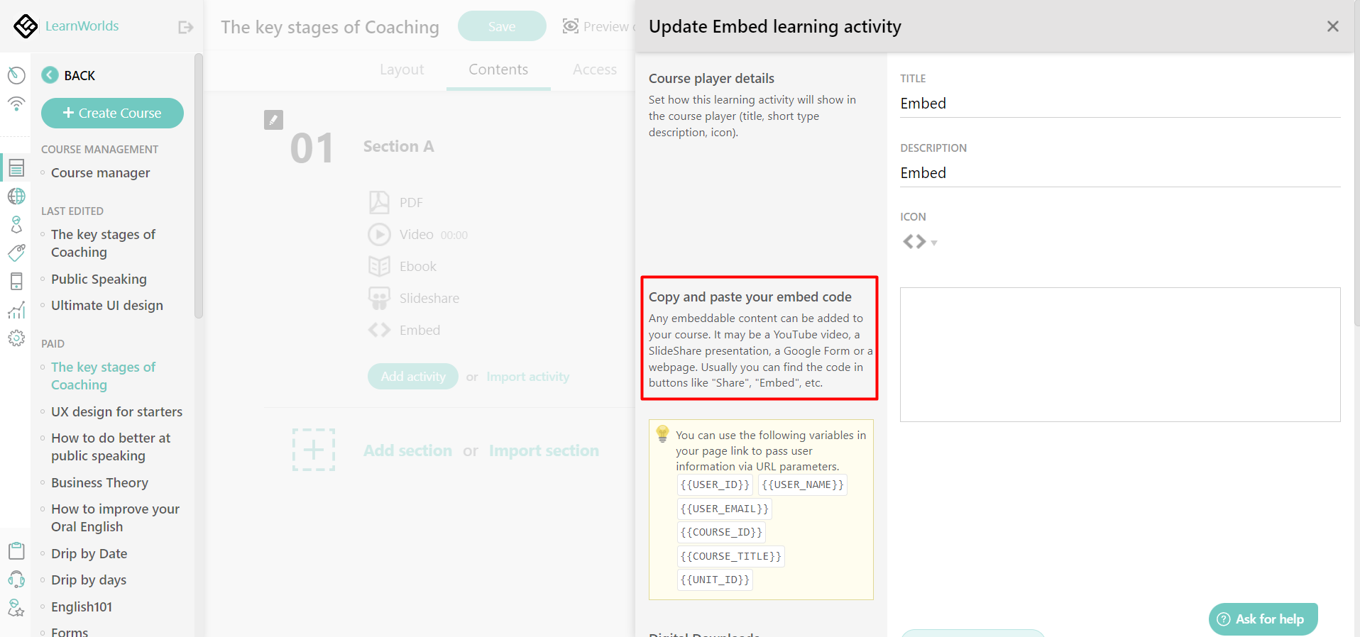 How to Create an Embed Learning Activity : LearnWorlds Help Center