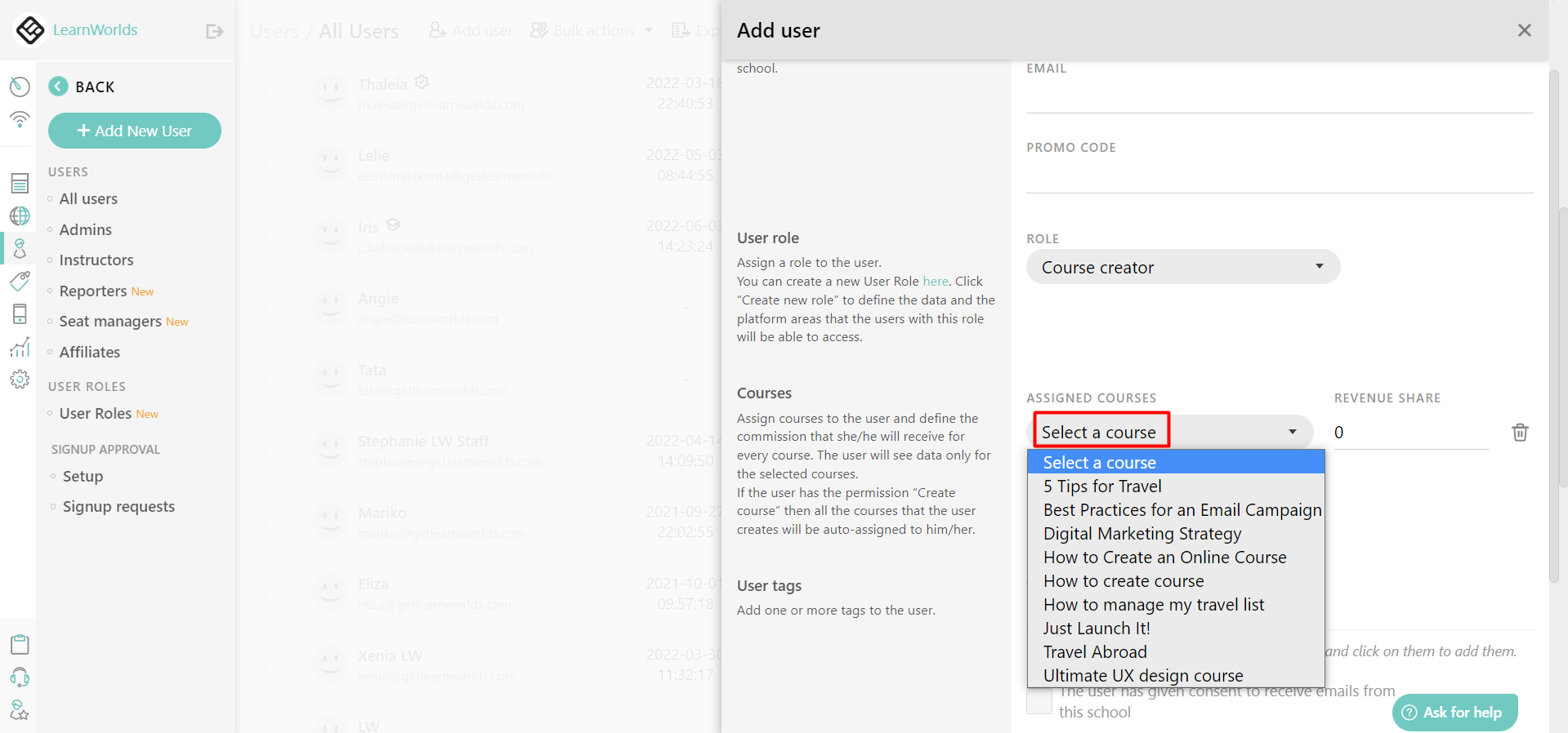 How to Assign User Roles : LearnWorlds Help Center