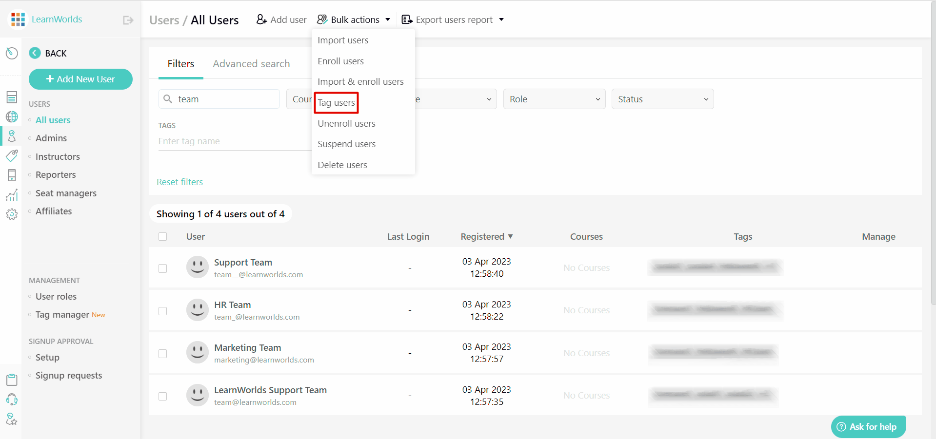 How to Bulk Tag your Users : LearnWorlds Help Center