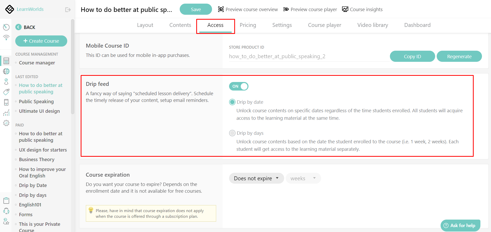 How to Drip Feed your Courses : LearnWorlds Help Center