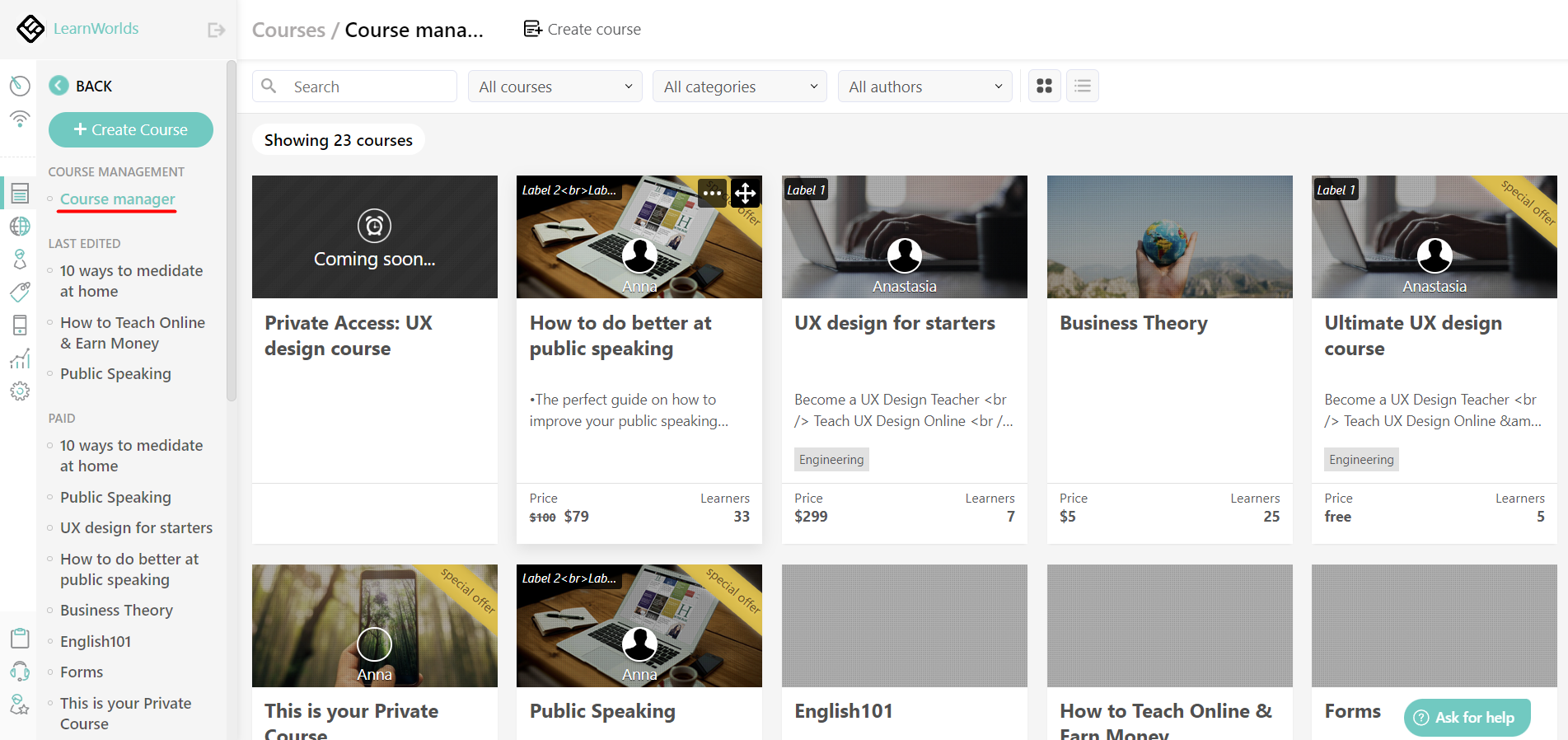 How to Manage your Courses (Course Manager) : LearnWorlds Help Center
