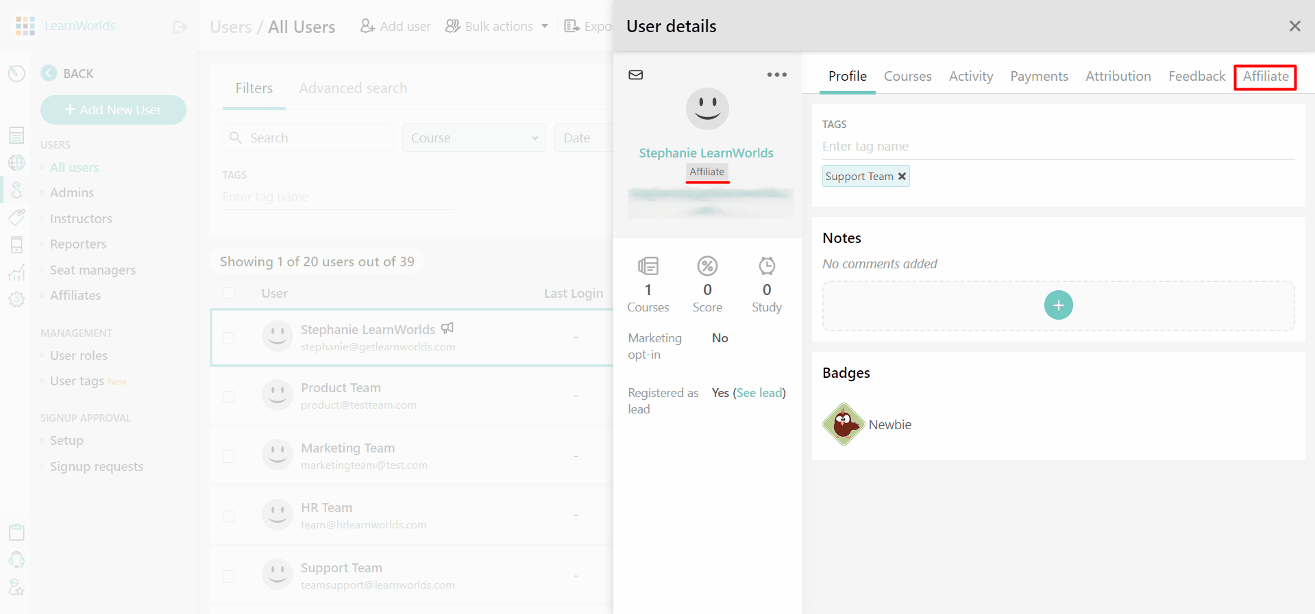 User Management Page : LearnWorlds Help Center