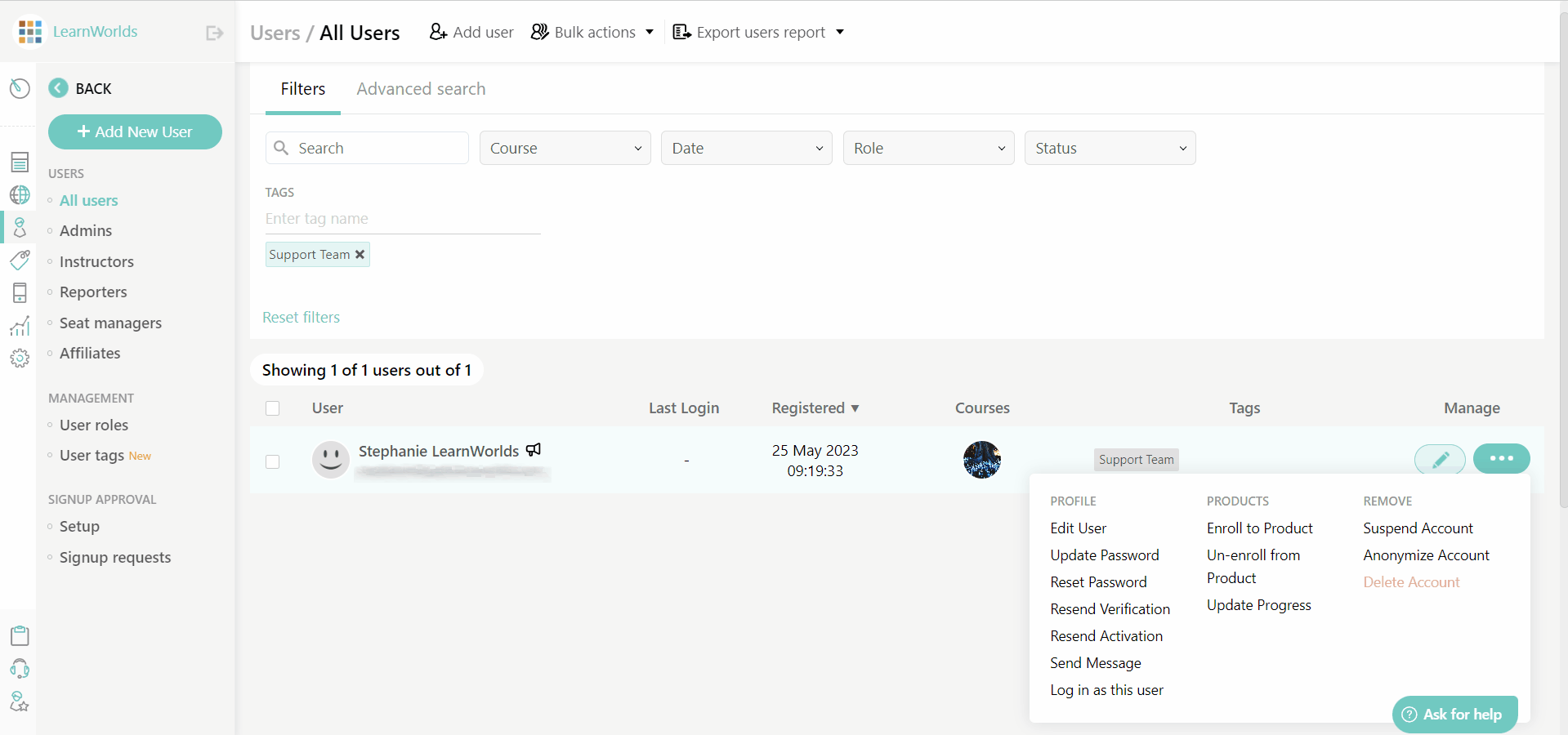 User Management Page : LearnWorlds Help Center