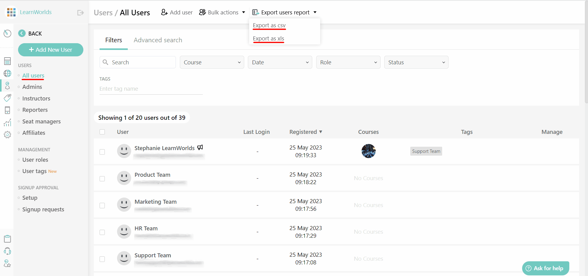 How to Export Users Report : LearnWorlds Help Center