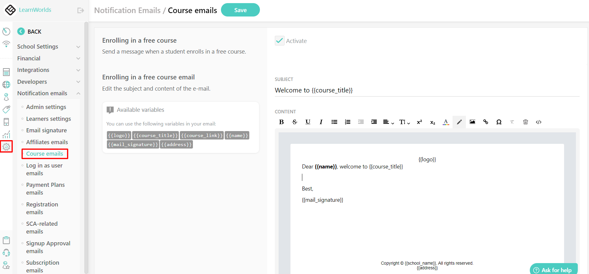 How to Edit your Course Enrollment Notification Emails : LearnWorlds ...