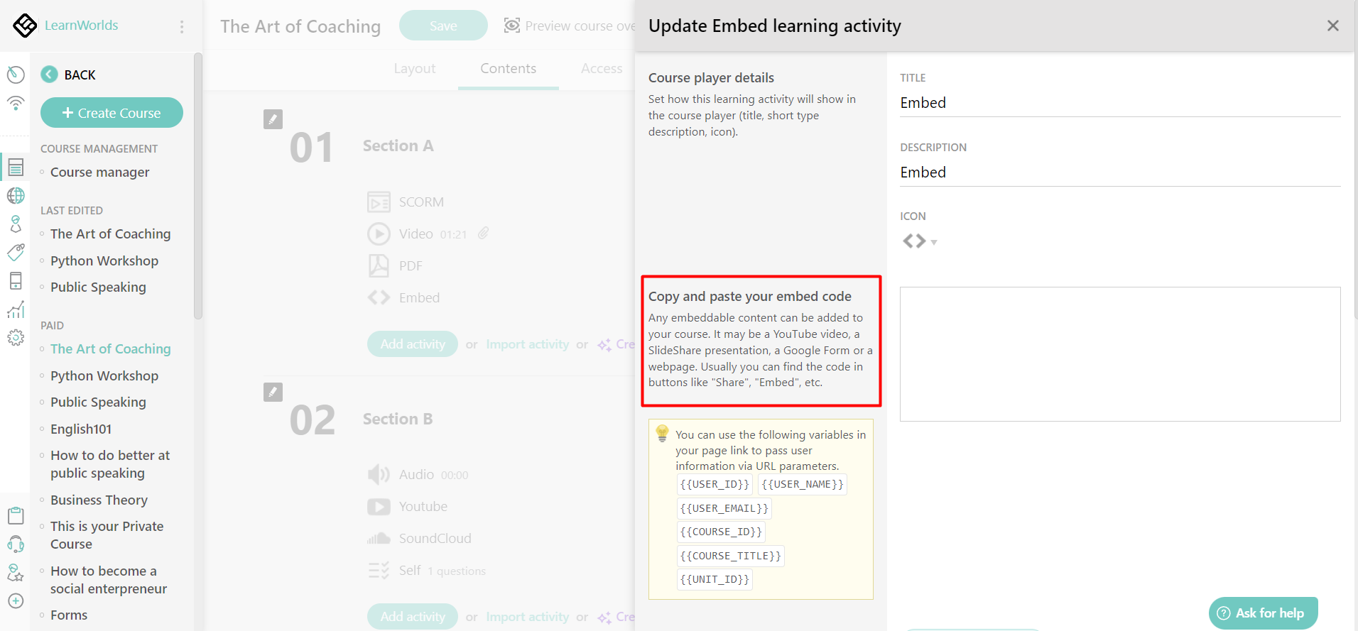 How to Create an Embed Learning Activity : LearnWorlds Help Center