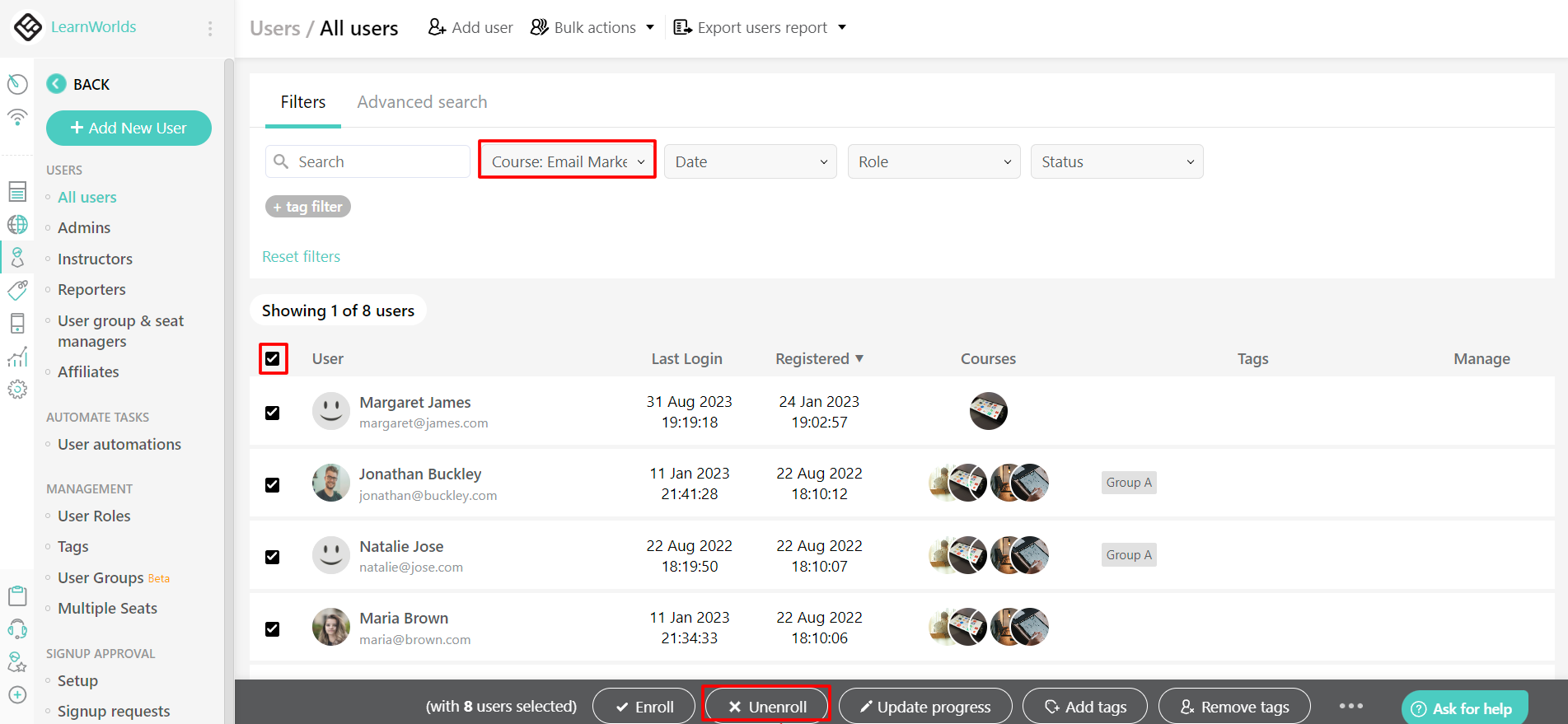 How to Bulk Unenroll your Users : LearnWorlds Help Center