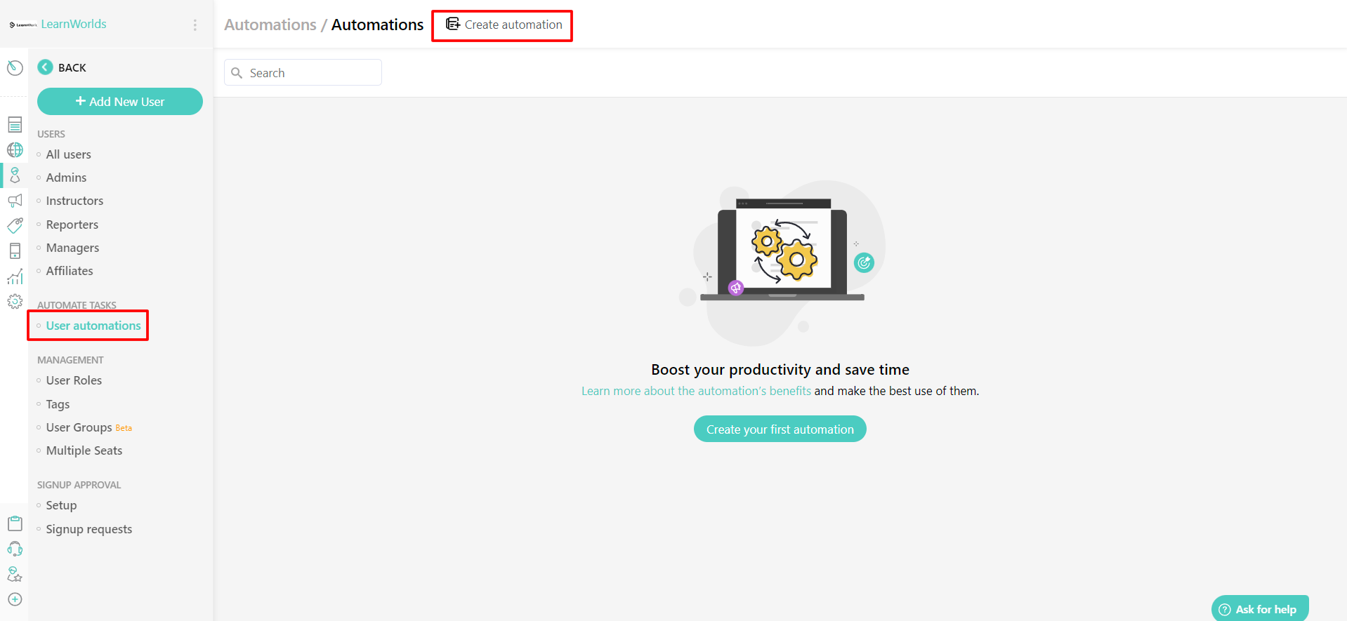 How to Set Up User Automations : LearnWorlds Help Center