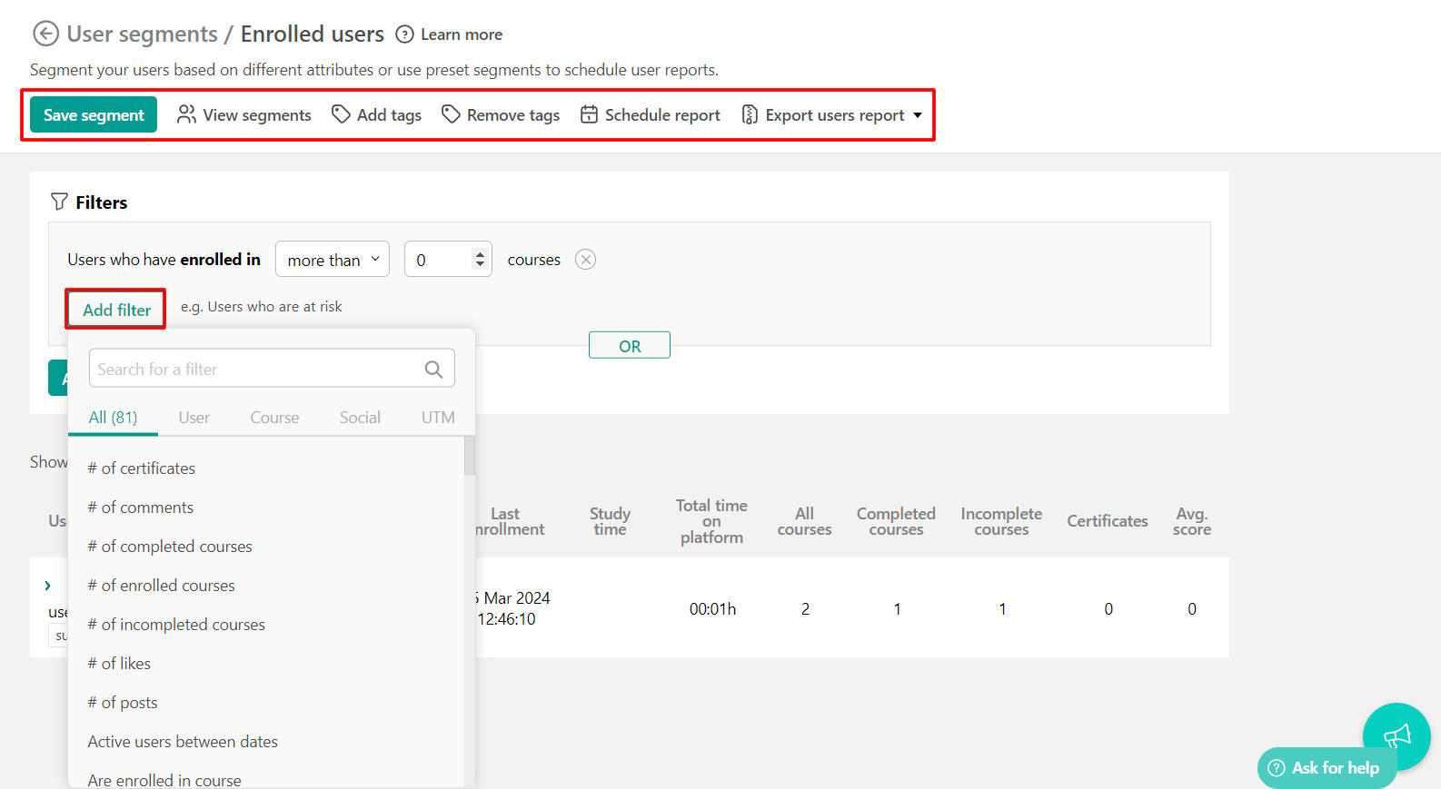 User Progress & User Segments : LearnWorlds Help Center