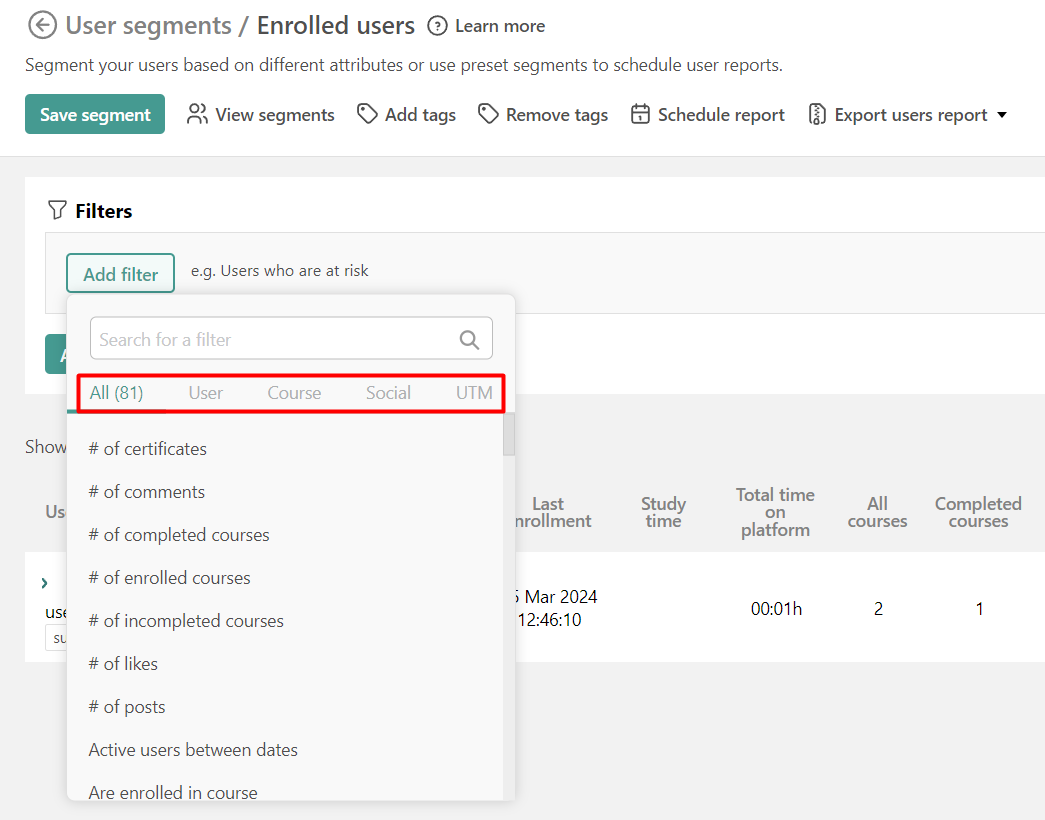 User Progress & User Segments : LearnWorlds Help Center