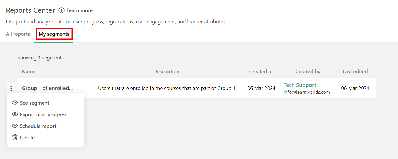 User Progress & User Segments : LearnWorlds Help Center