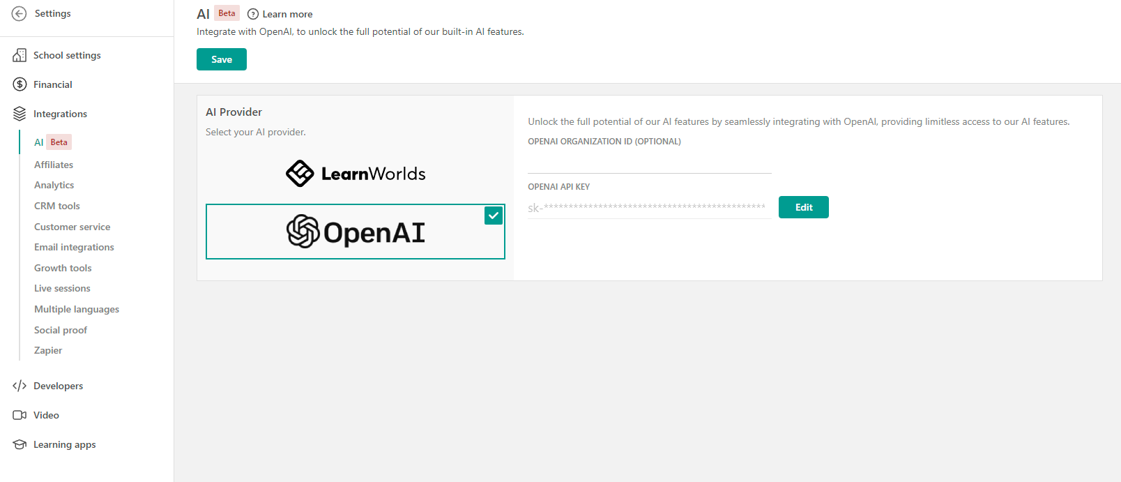 How to Connect your OpenAI (Artificial Intelligence) Provider : LearnWorlds Help Center