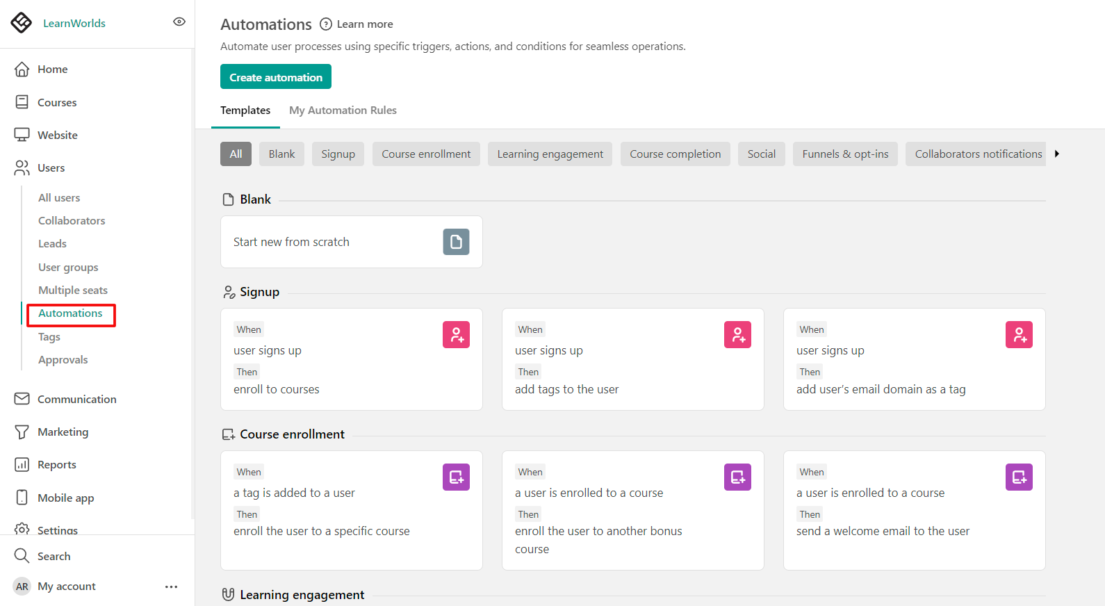 How to Set Up User Automations : LearnWorlds Help Center