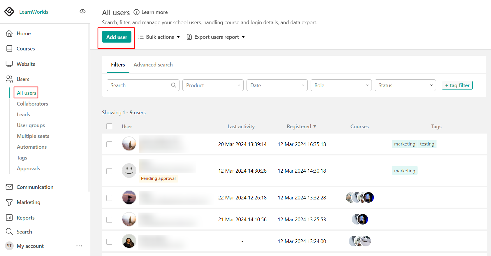 How to Add a New User - Search Users : LearnWorlds Help Center