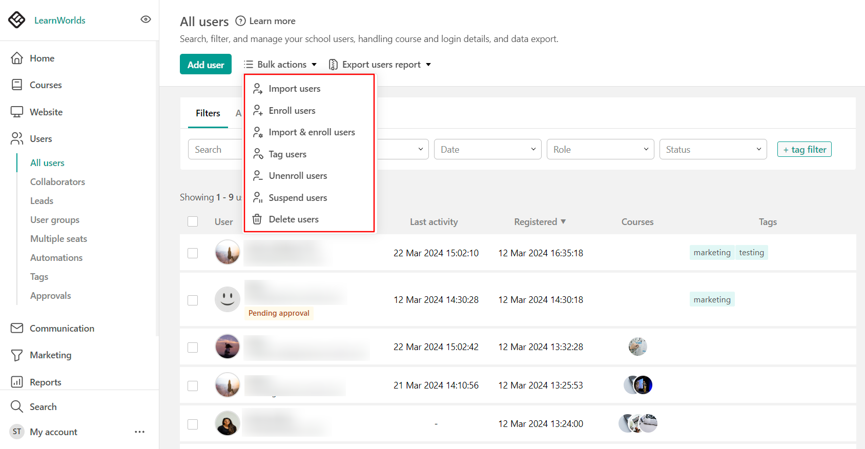 User Management - Bulk Actions : LearnWorlds Help Center