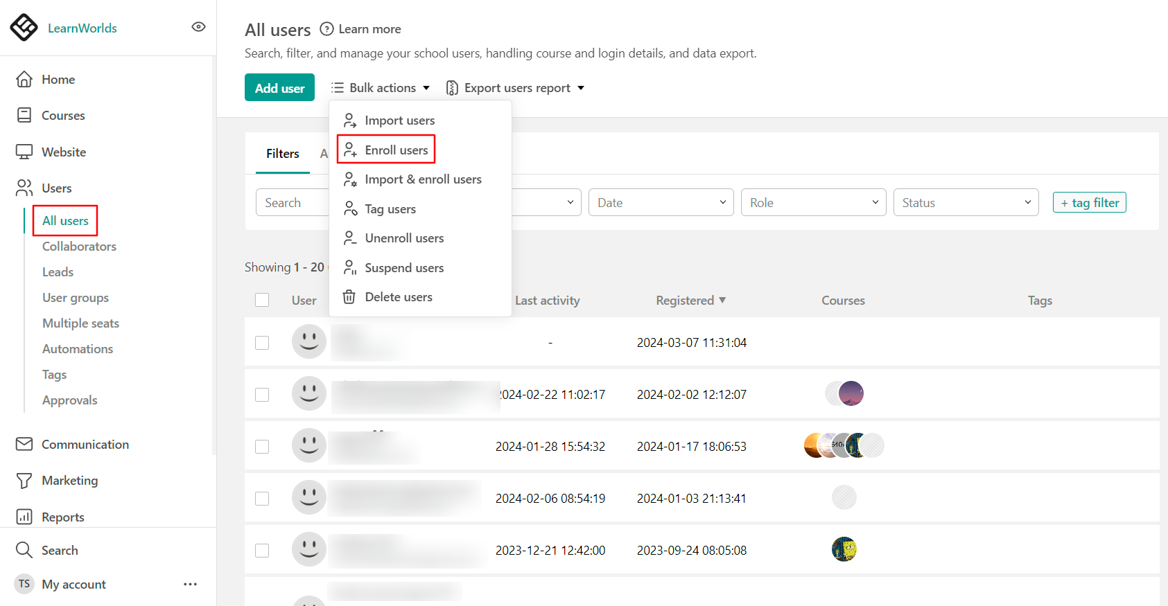 How to Bulk Enroll your Users : LearnWorlds Help Center