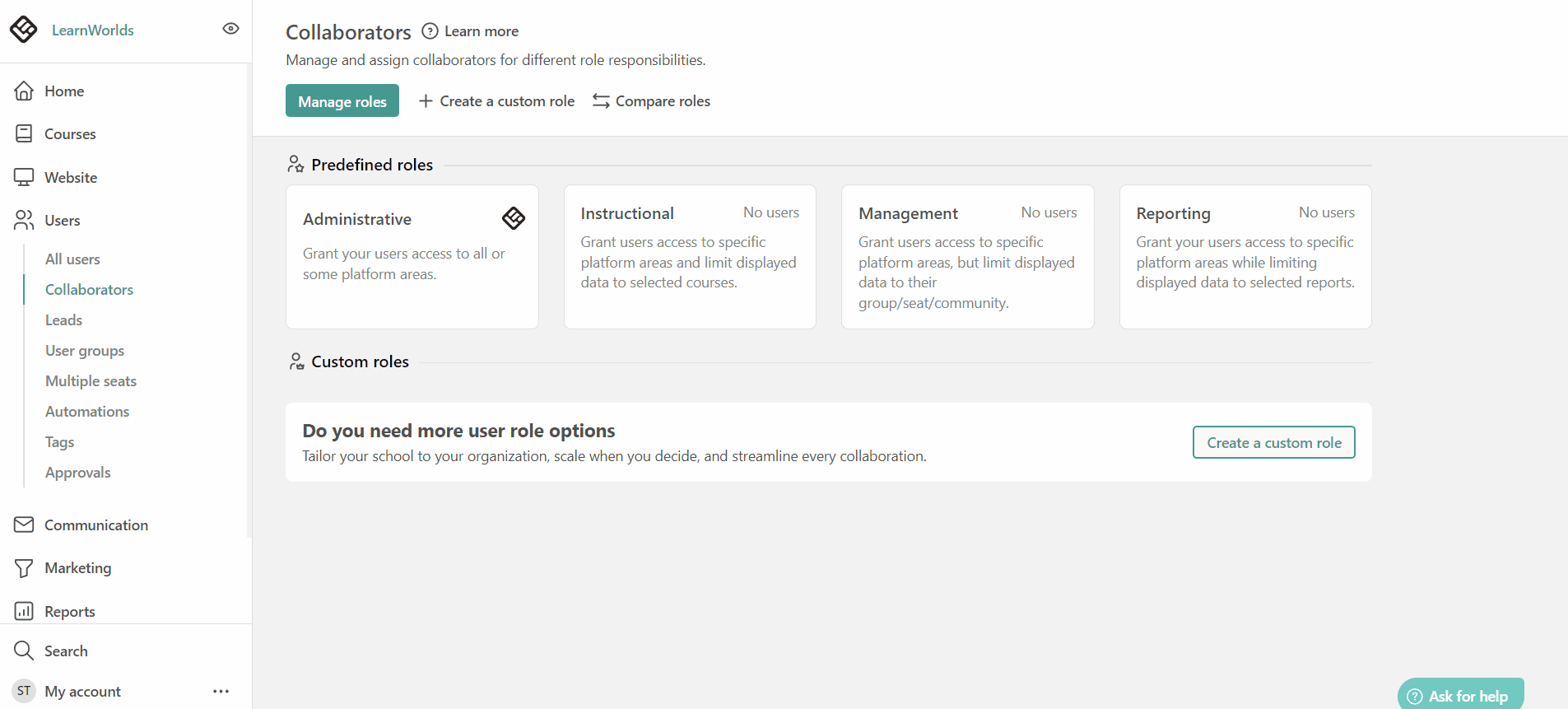 How to Create Custom User Roles : LearnWorlds Help Center
