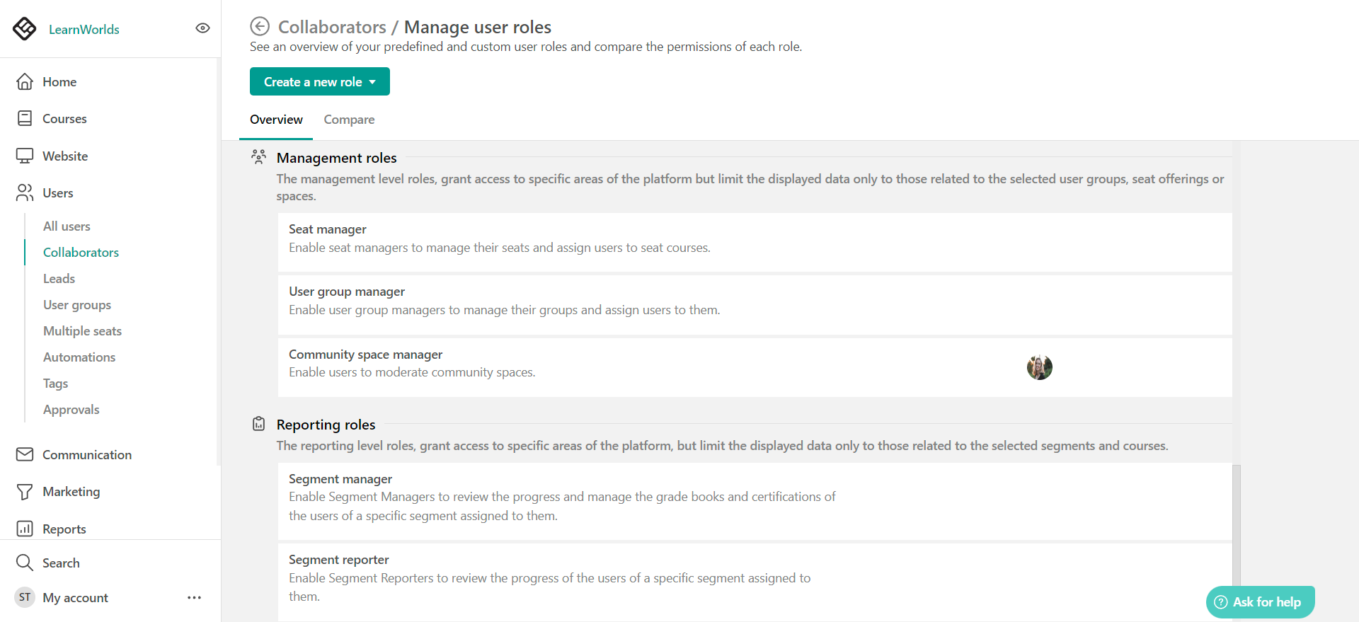 General Overview: User Roles : LearnWorlds Help Center