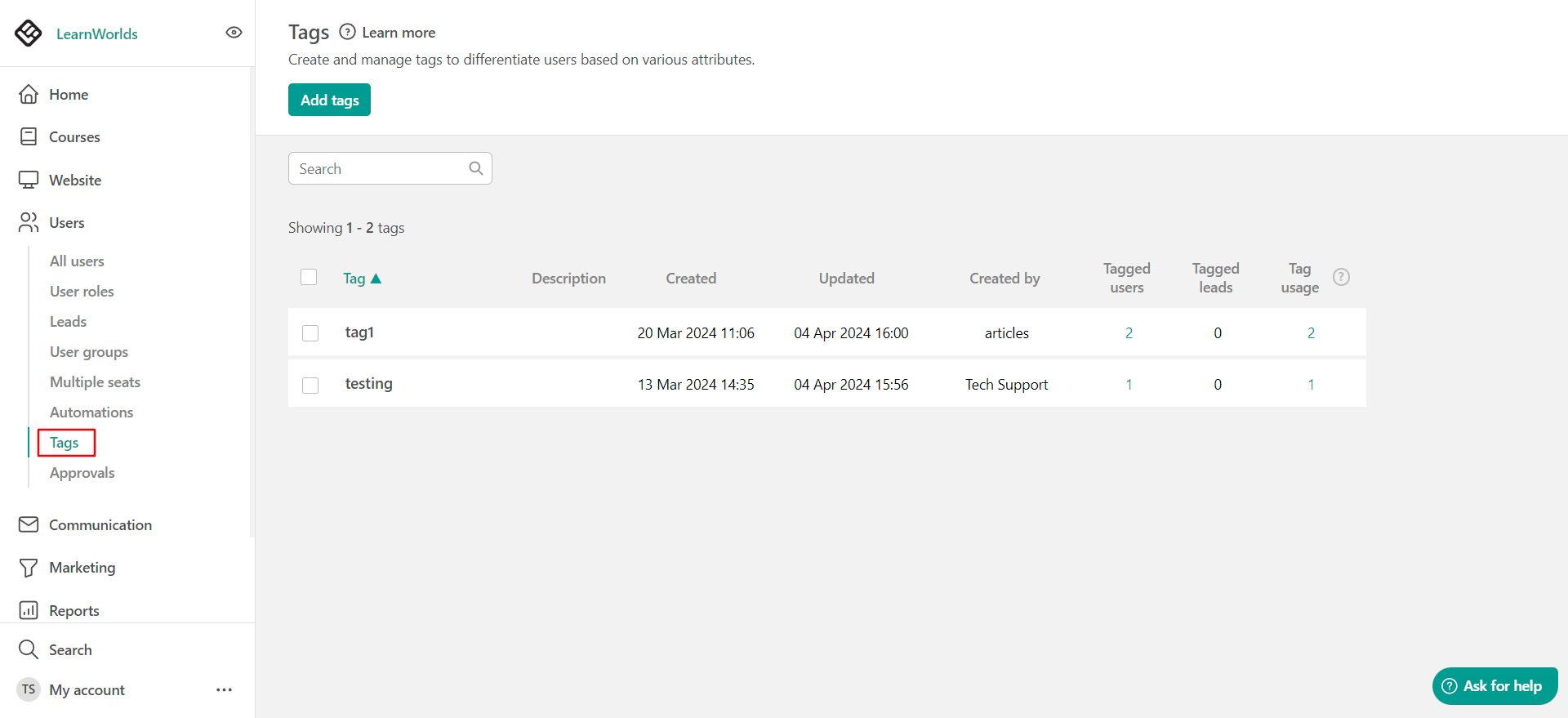 How to Create and Use Tags : LearnWorlds Help Center