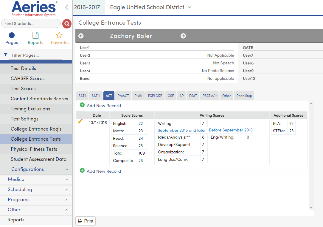 Test Specific Information - ACT : Aeries Software
