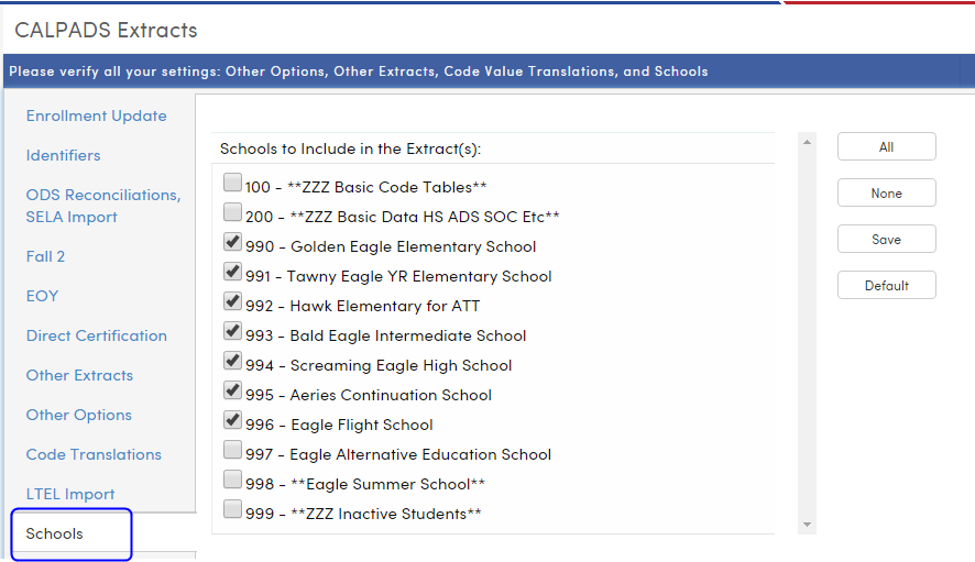 CALPADS Extracts - Schools Tab : Aeries Software