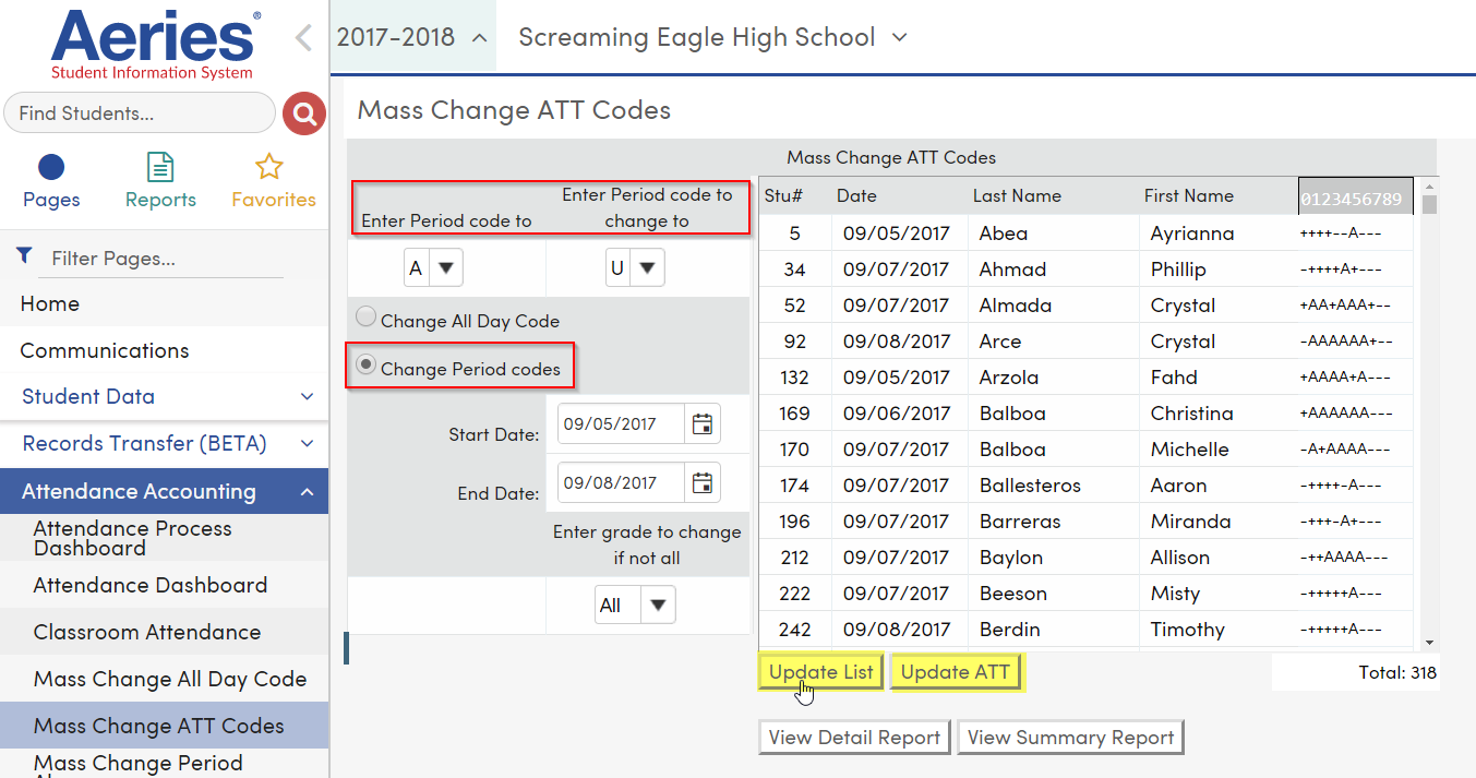 Mass Change Attendance Codes Period Attendance : Aeries Software