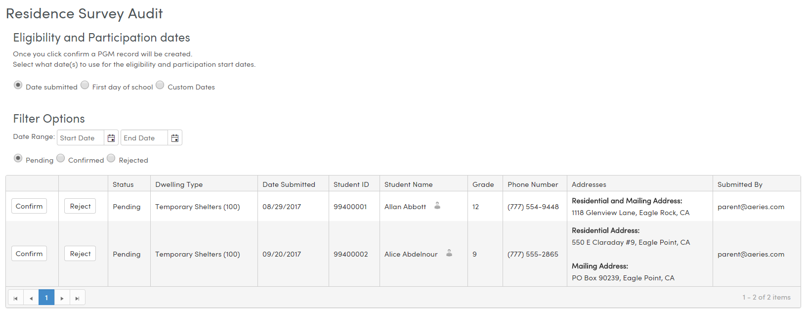 Parent Data Confirmation Setup : Aeries Software
