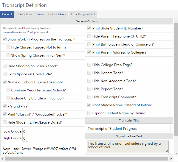 Transcript Definition Form : Aeries Software