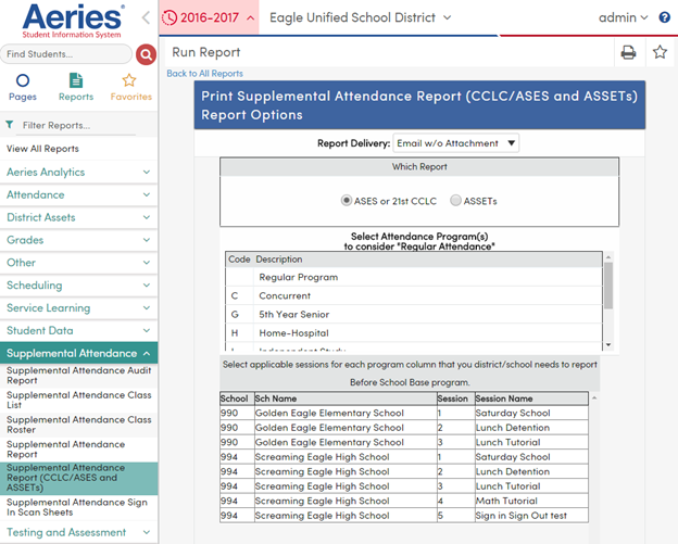 CCLC/ASES and ASSETs Supplemental Attendance Report : Aeries Software