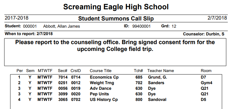 Student Summons Call Slip Report : Aeries Software