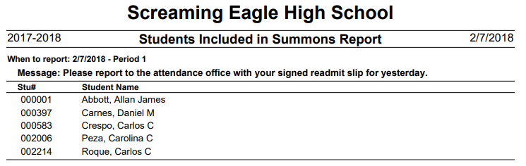 Student Summons Call Slip Report : Aeries Software