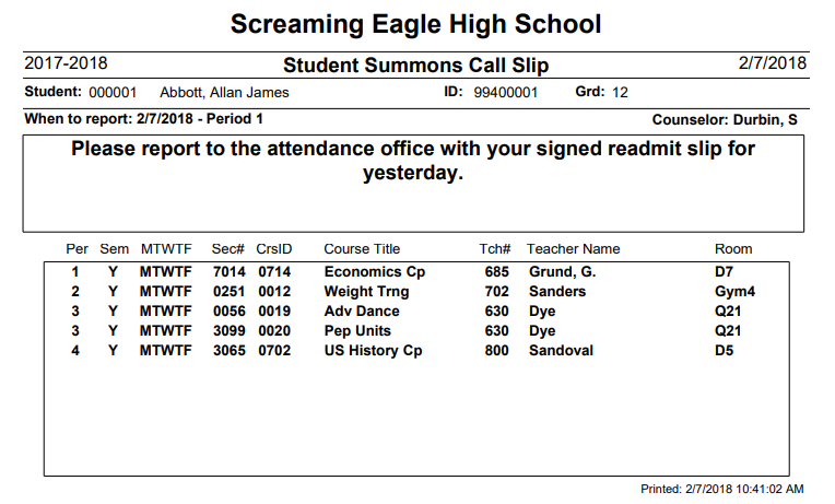 Student Summons Call Slip Report : Aeries Software