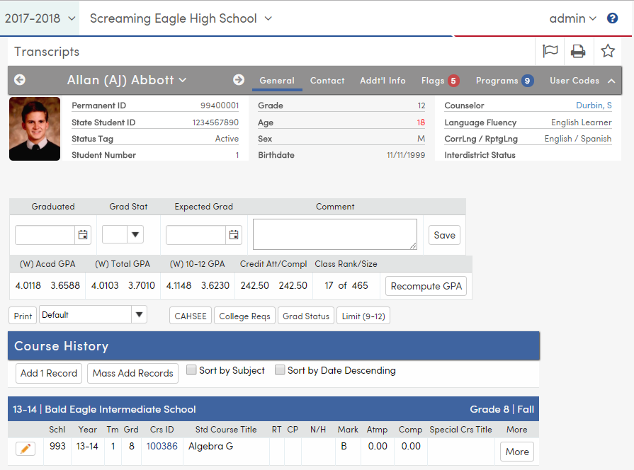 Overview of Transcript and Course History : Aeries Software