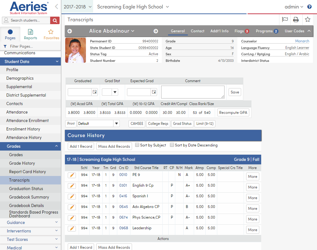 Adding/Editing a Student's Transcript : Aeries Software