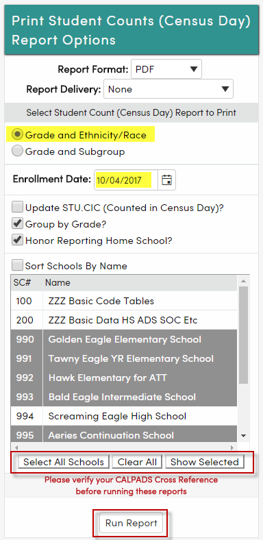 Student Counts (Census Day) Report : Aeries Software
