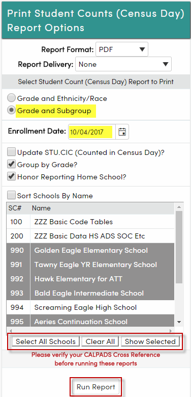 Student Counts (Census Day) Report : Aeries Software
