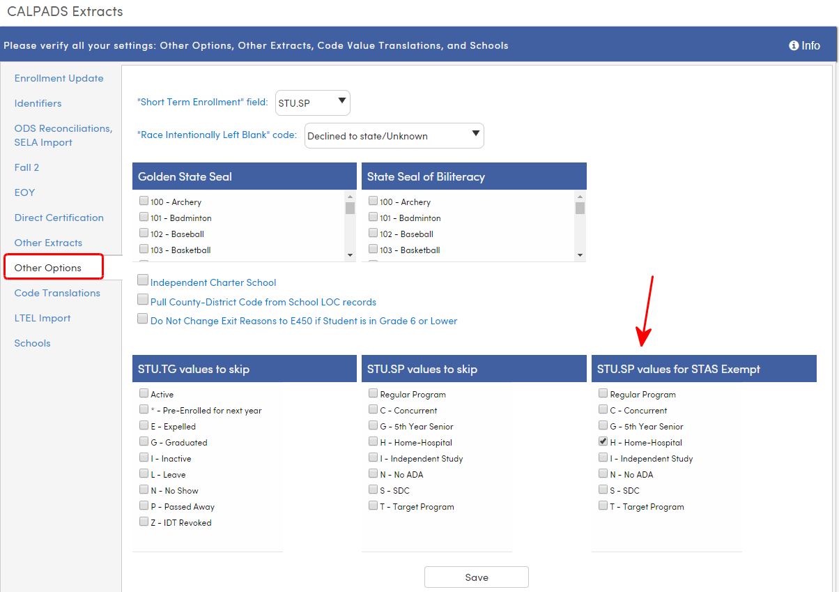 EOY 3 CALPADS STAS File - Other Options : Aeries Software