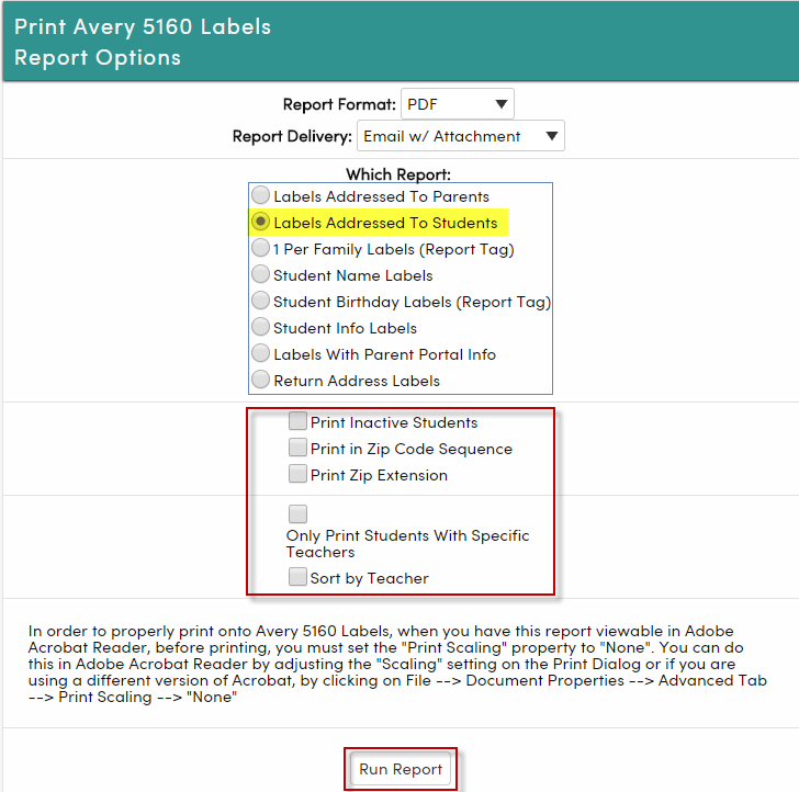 Avery 5160 Labels : Aeries Software