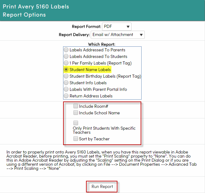 Avery 5160 Labels : Aeries Software