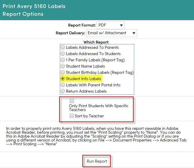 Avery 5160 Labels : Aeries Software
