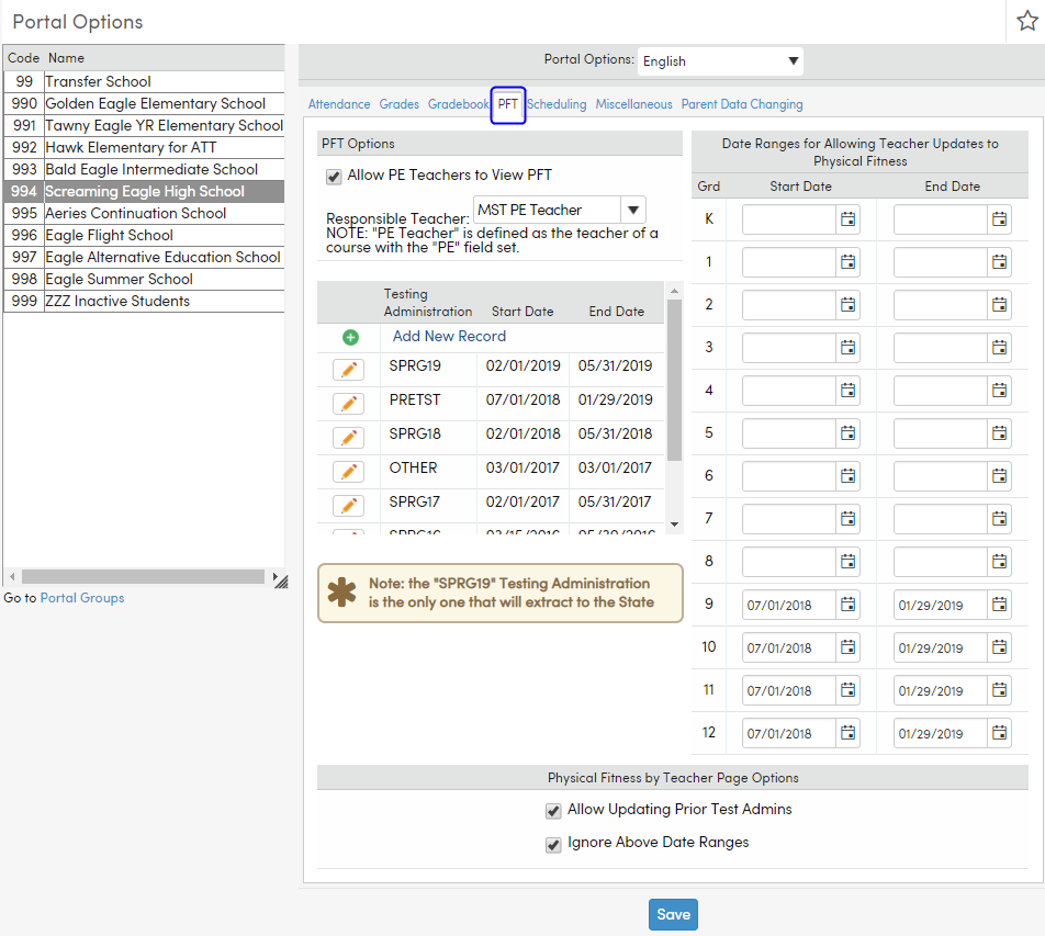 Physical Fitness Testing Setup - Portal Options : Aeries Software