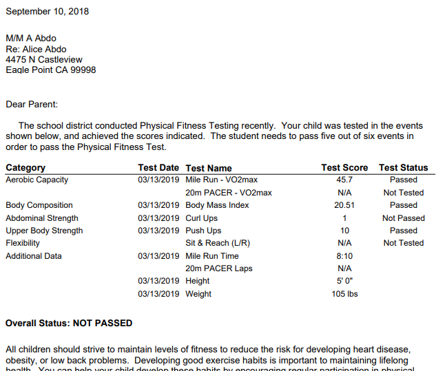 Physical Fitness Test Letters : Aeries Software
