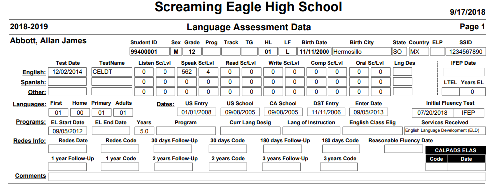 Language Assessment Report : Aeries Software