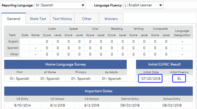 Test Specific Information - Initial ELPAC : Aeries Software